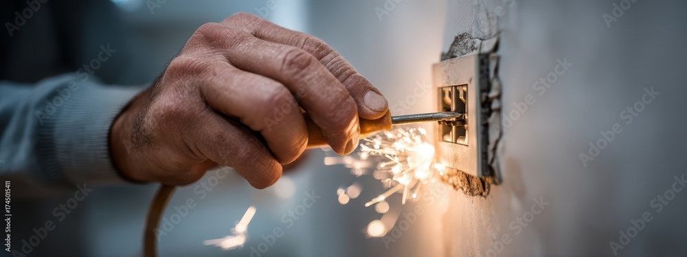 Dangerous Voltage: Electrician's hand touching a socket, causing bright ...