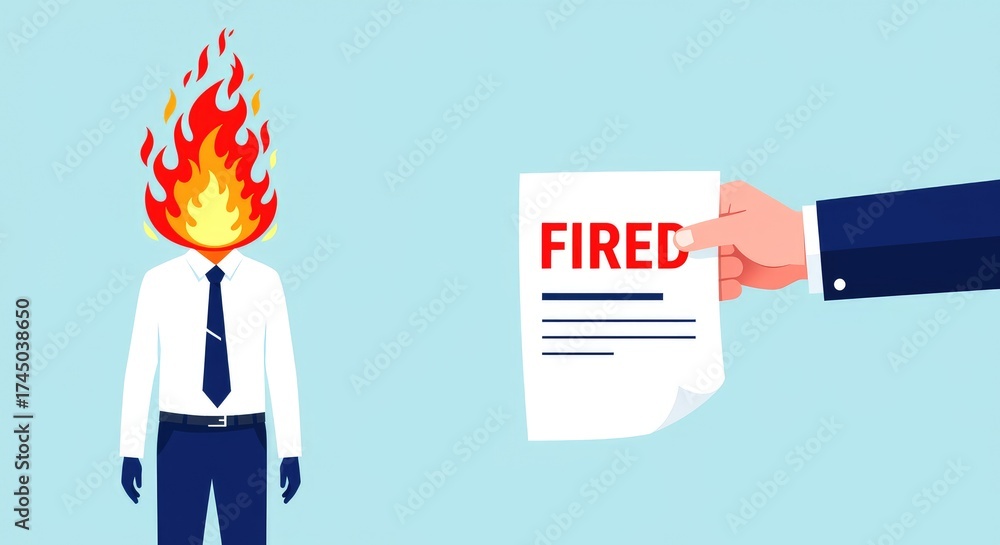 Fired employee with head on fire receives termination notice job loss ...