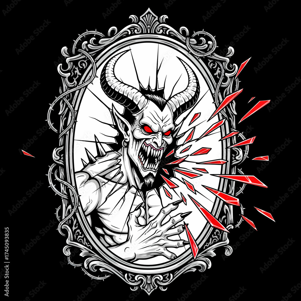 Terrifying Demon Breaking Through a Mirror Vector Illustration for ...