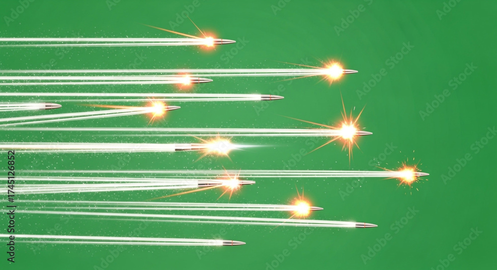 Dynamic bullet trails with fiery muzzle flashes streak across a vibrant ...