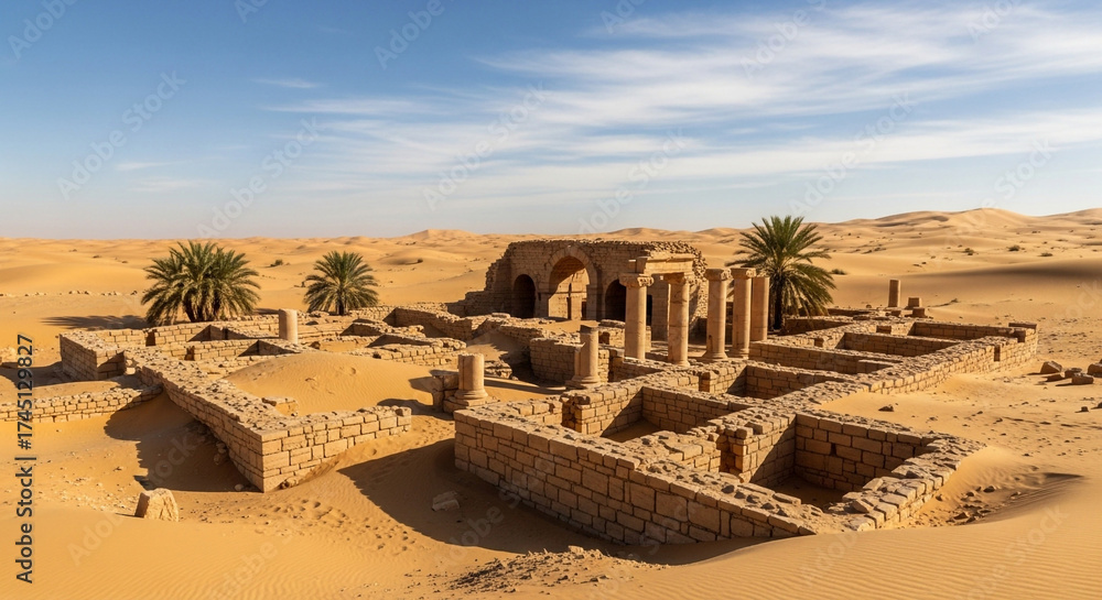 The ancient ruins of albasilica in the libyan sahara desert stand as a ...
