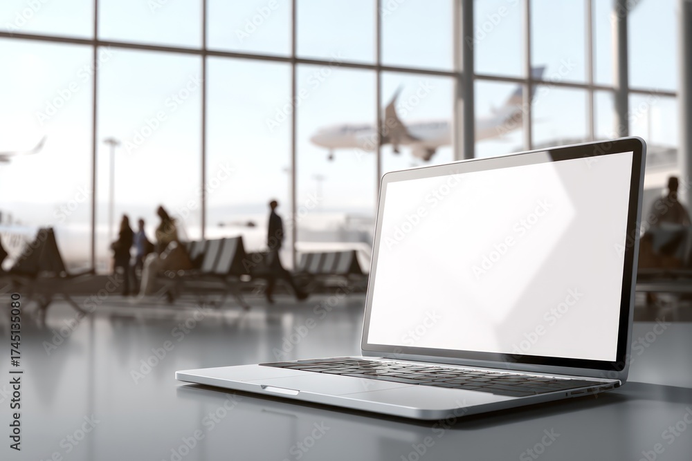 Laptop Mockup with White Screen in Airport Lounge Setting Stock Photo ...