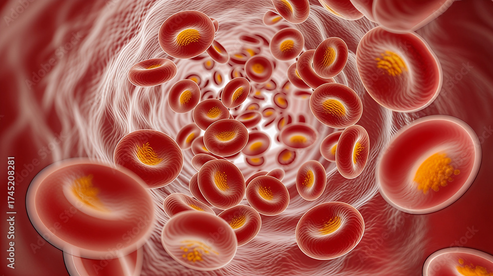 Red blood cells with oxygen flowing through a blood vessel cross ...