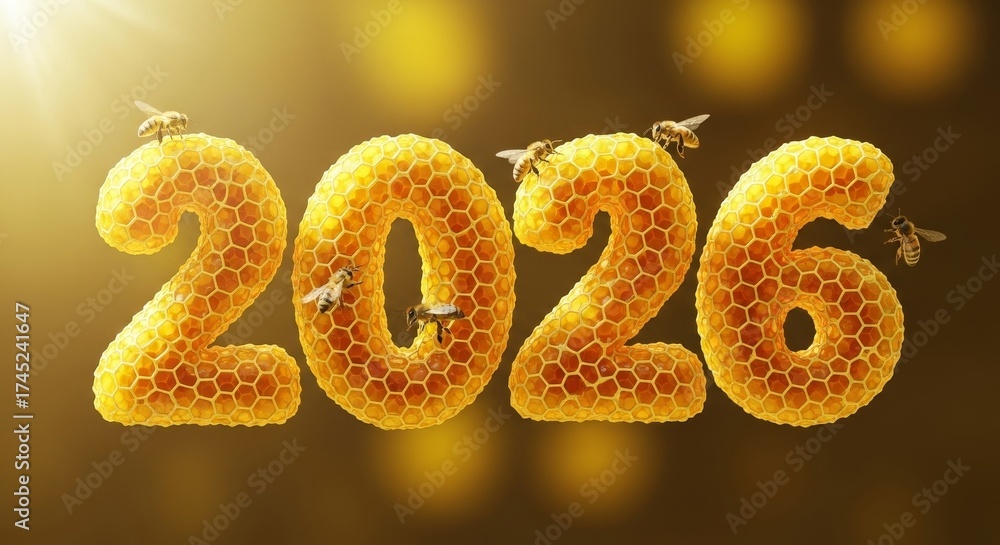 Стоковая иллюстрация «Honeycomb Numbers 2026 With Bees - A vibrant ...