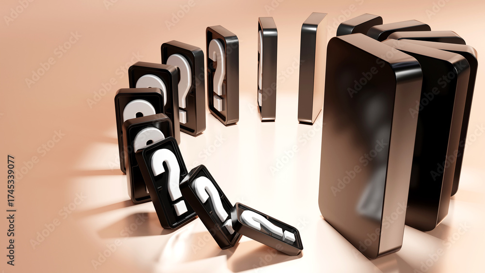 3D rendering of tiny dominoes with a question mark collapse to make a ...