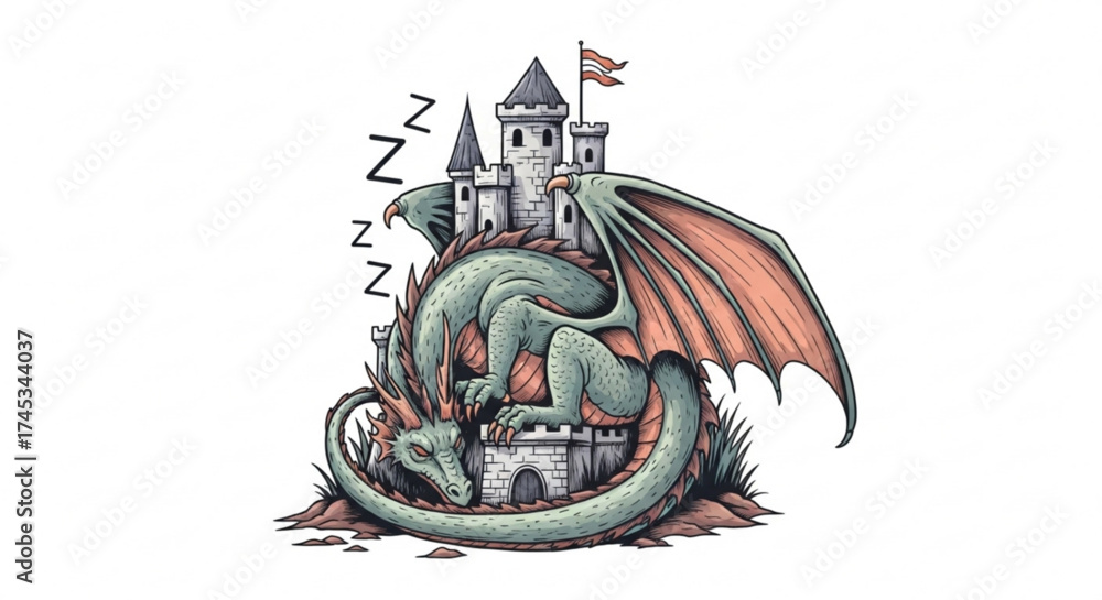 Sleeping dragon curled around a castle with zzz above it and a flag on ...
