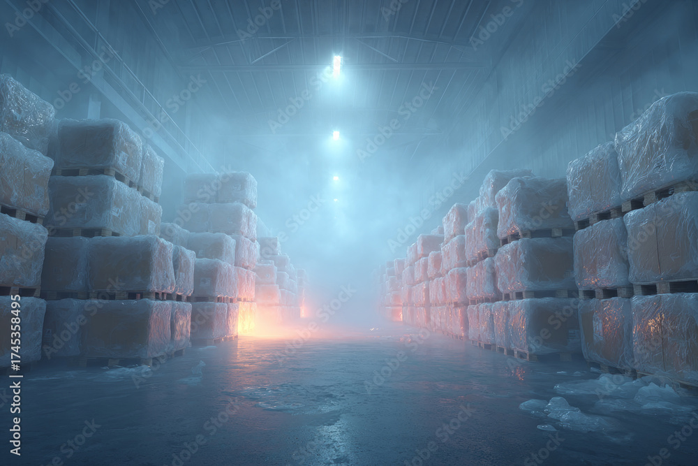Freezing cold storage warehouse showing stacked pallets covered in ice ...