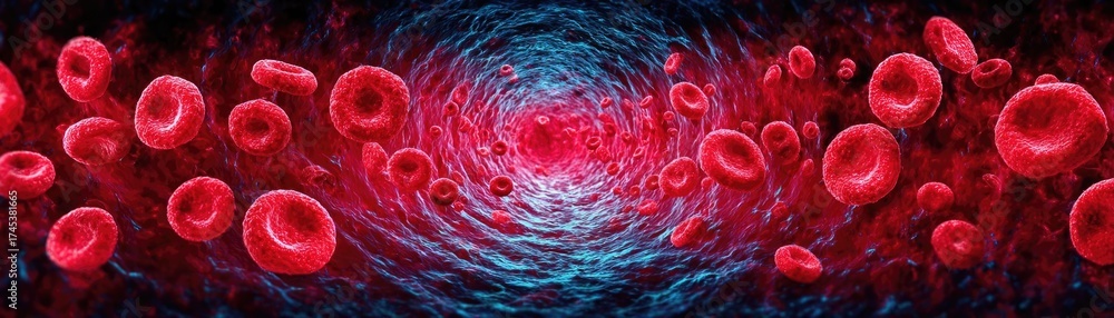 Blood clot blocking red blood cells stream concept. Microscopic view of ...