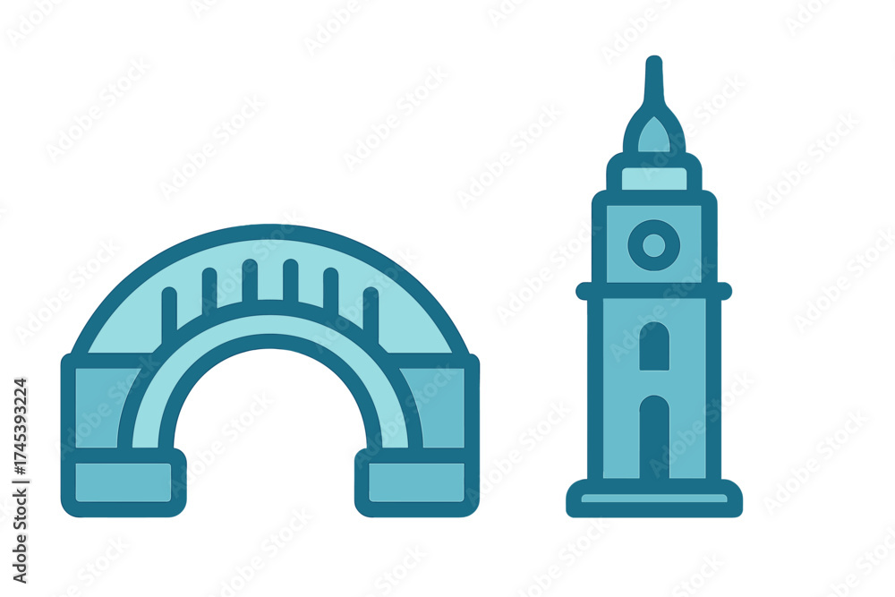 Stylized architectural symbols of an arched bridge and historical clock ...