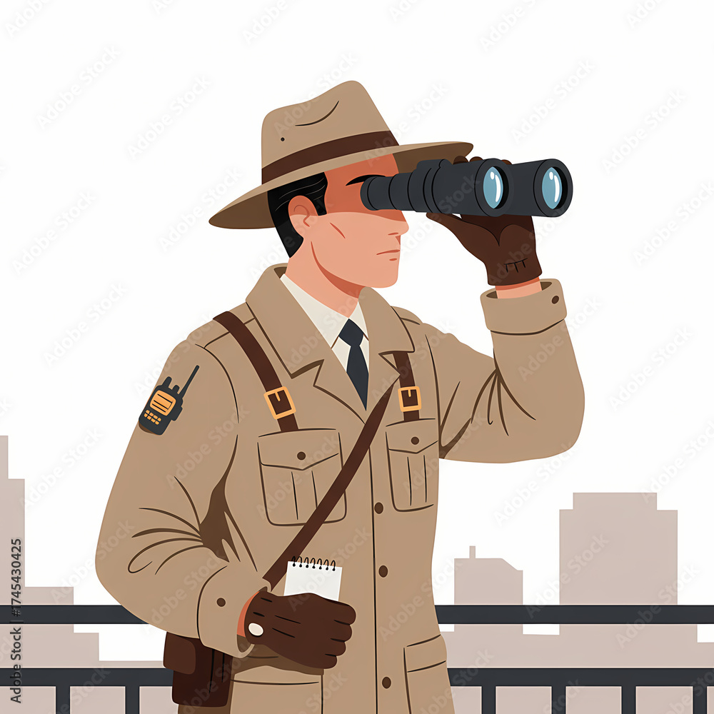 Detective investigator character in a trench coat and hat looking ...