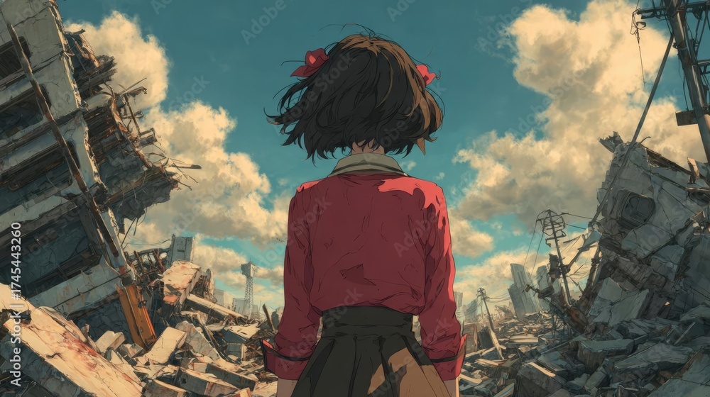 Sad girl standing before collapsed buildings area concept. A girl ...