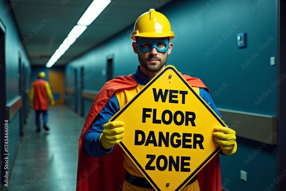 Superhero Sanitation Expert: Cleaning Crusader on Alert with Wet Floor ...