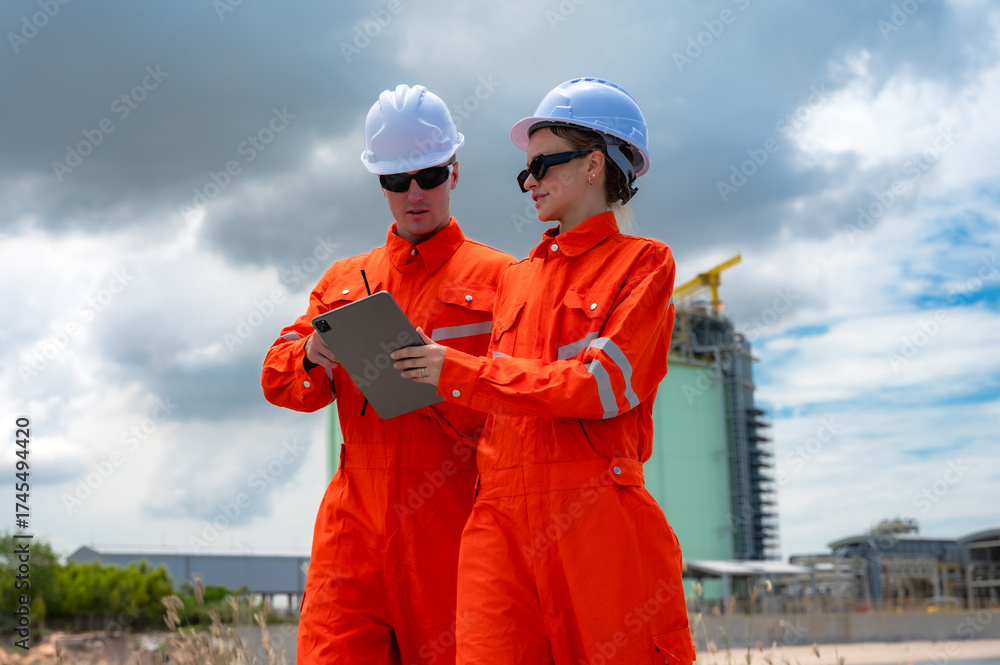 Male and female refinery engineers working together in outdoor oil and ...