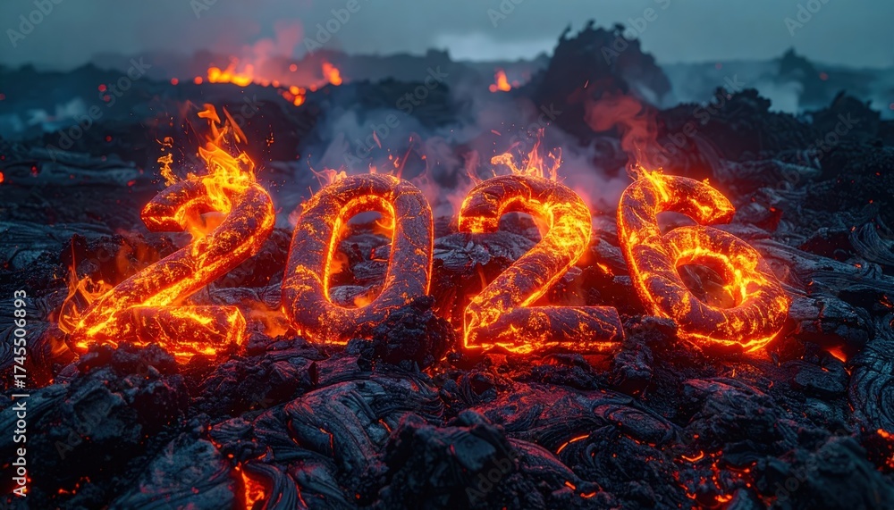 Illustration Stock Fiery 2026 Numbers on Lava Field Erupting New Year's ...