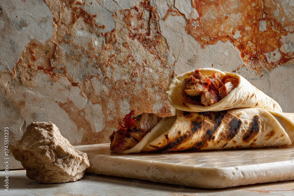 Rustic ambiance close-up photography of a juicy kebab on a marble slab ...