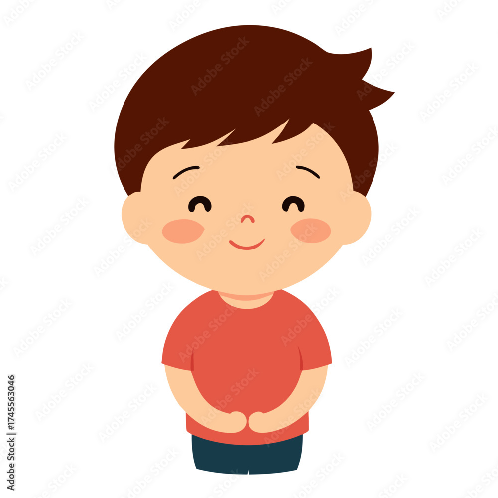 Vector de Stock Cute cartoon boy with a gentle smile and folded hands ...