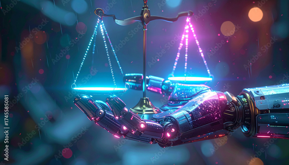 AI-Powered Justice: A futuristic robotic hand holds a radiant balance ...