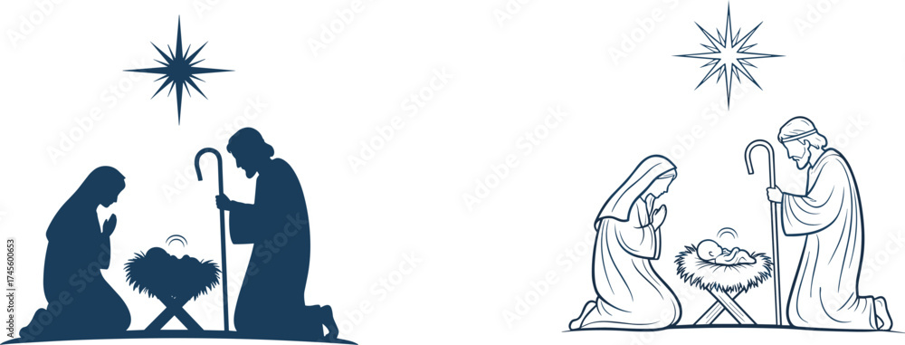Nativity scene with Mary Joseph and baby Jesus, Bethlehem star ...
