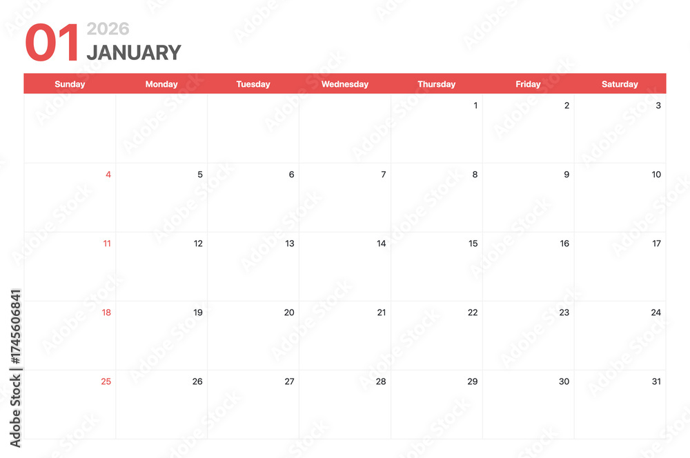 Ilustração 2026 Calendar. The 2026 calendar week begins on Sunday ...