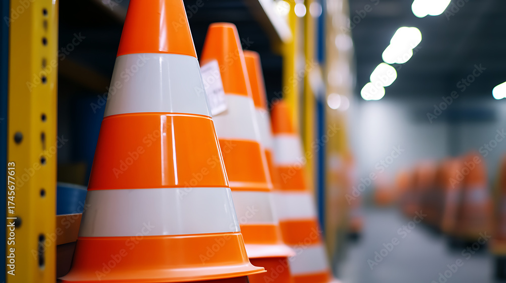 Foto de Stock Orange and white safety cones neatly aligned on warehouse ...