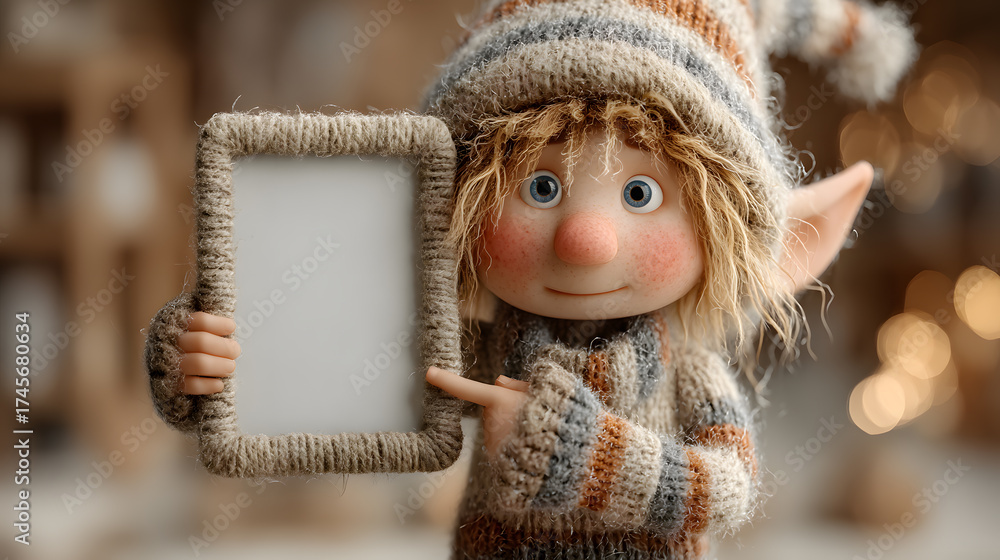 Christmas Elf Character Pointing at a Blank Tablet Screen Mockup for a ...