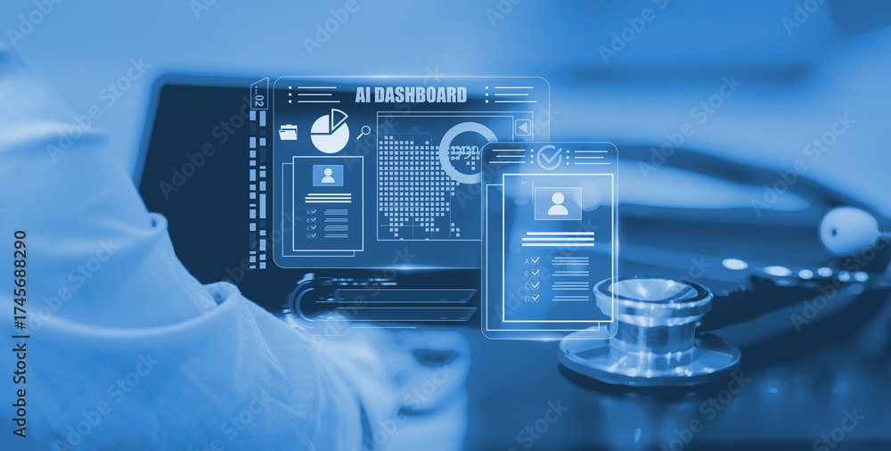 Foto Doctor using futuristic AI dashboard on computer screen, checklist ...