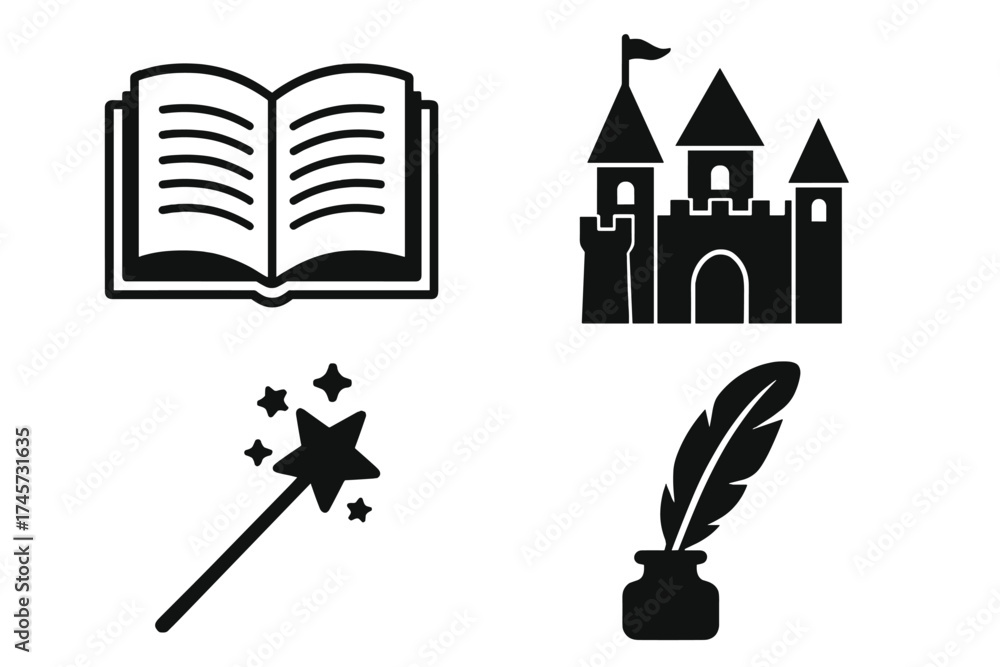 Vector illustration of storytelling symbols and fantasy items set ...