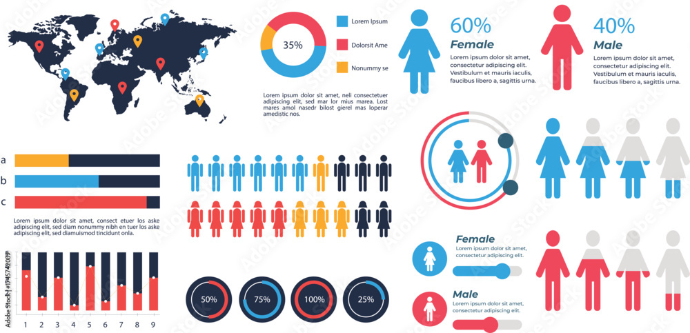 Global demographic infographics and analytics charts. Modern data ...