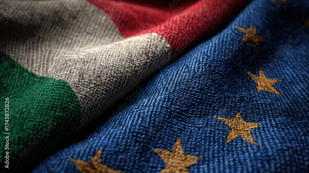 Italian and European Union flags draped together symbolizing unity and ...