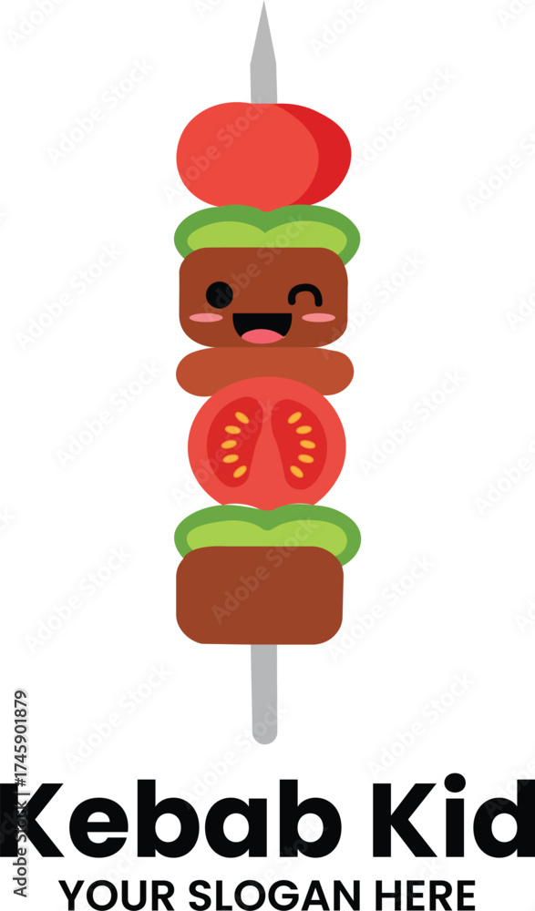 KEBAB KID MASCOT LOGO – Fun vertical skewer with tomato, meat cubes ...
