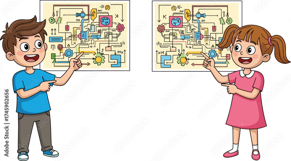 Cartoon children explaining diagrams, STEM education concept, boy and girl presenting math ...