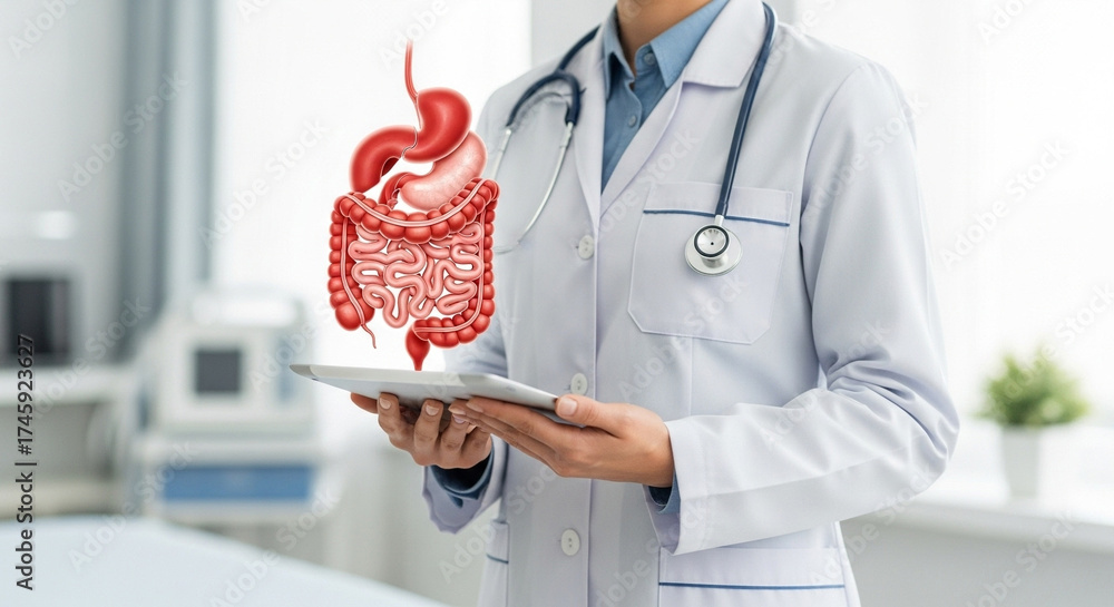 Doctor holding a tablet showing the human digestive system with stomach ...
