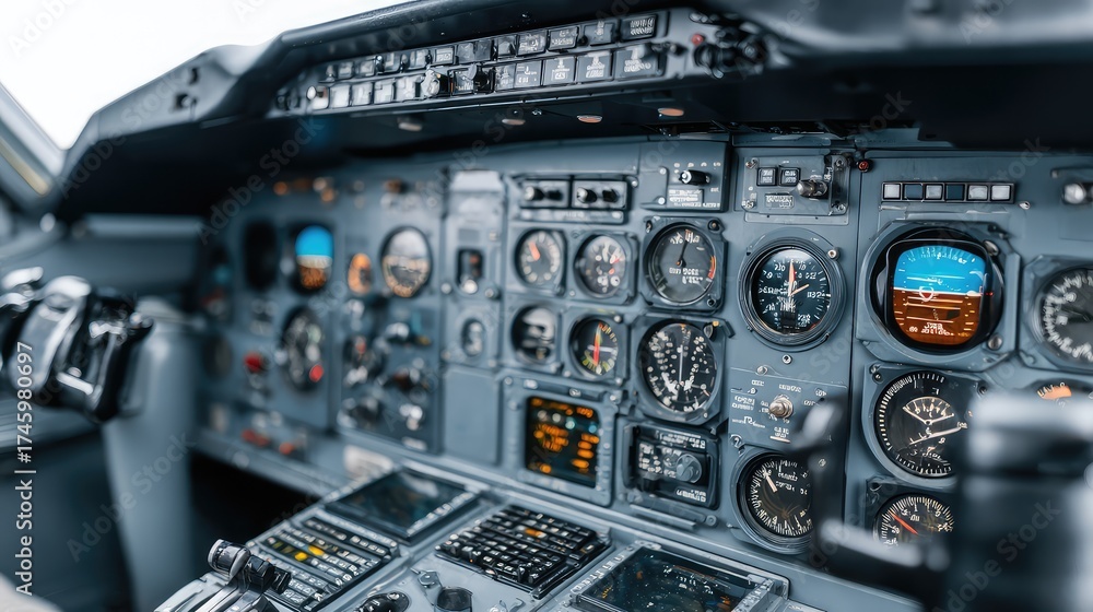 Detailed View of an Airplane Cockpit Control Panel Featuring Multiple ...