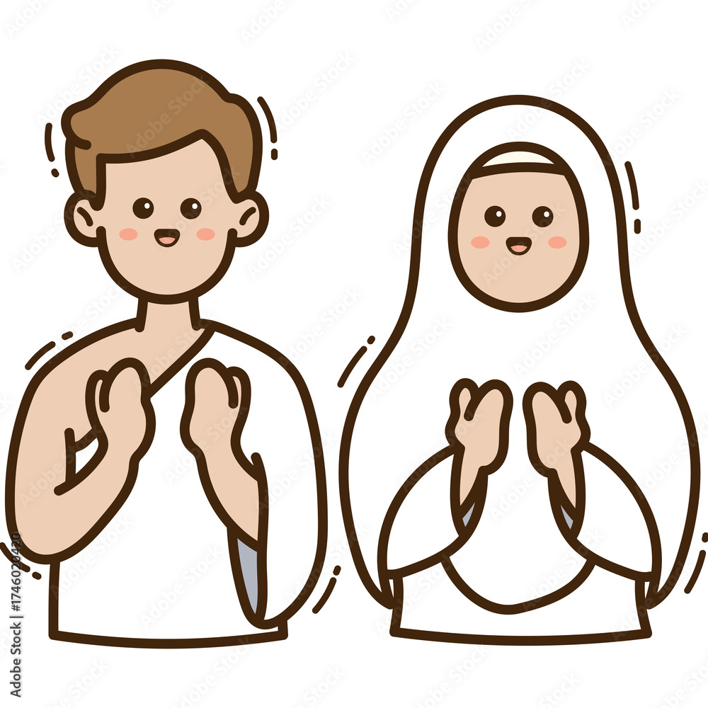 Cartoon Hajj Pilgrims Illustration of Man and Woman in White Ihram with ...