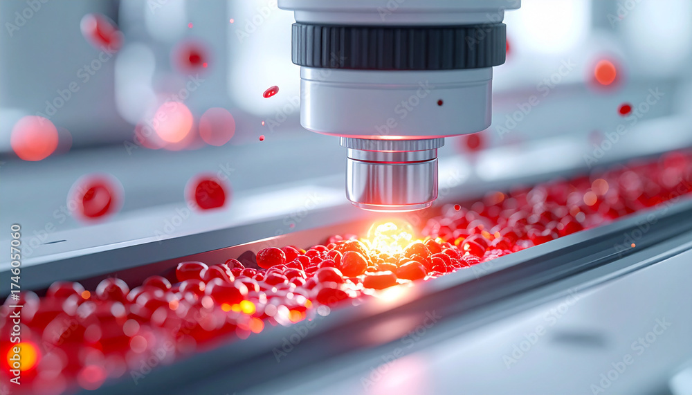 Futuristic microscope examining glowing platelet adhesion to vessel ...