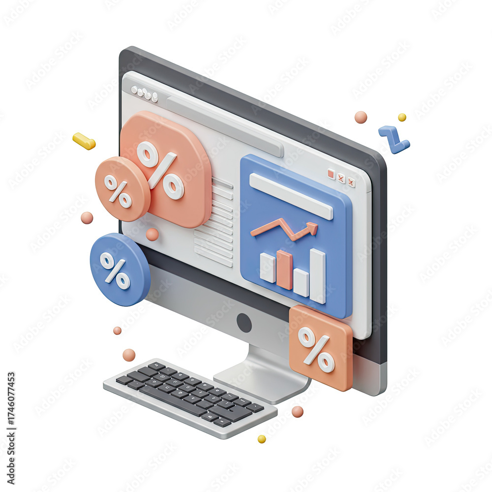 Isometric Computer Displaying Financial Data with Percentage Symbols ...