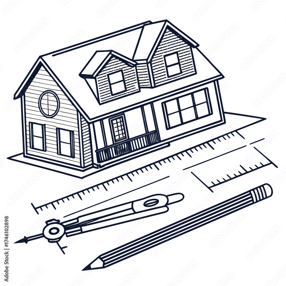 Architectural drawing of a house with drafting tools including a ...