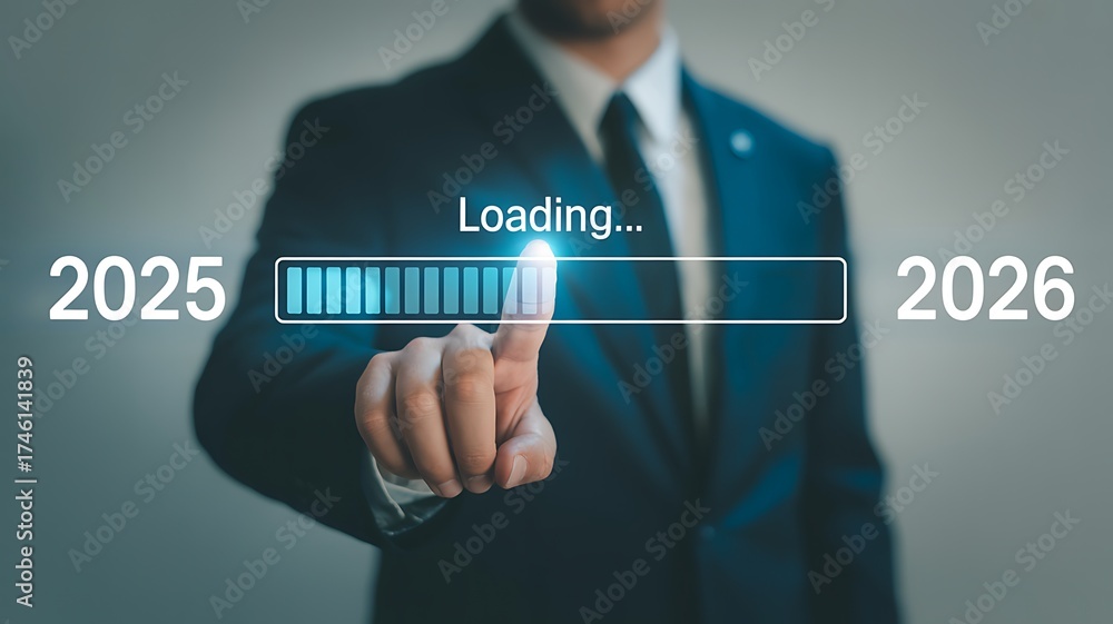 Businessman touching a loading bar transitioning from the year 2025 to ...