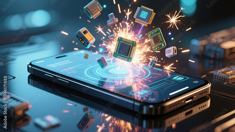 Smartphone lying on a reflective surface with a glowing holographic ...