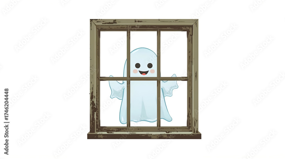 Cartoon ghost peeking through a worn rustic window frame with visible ...