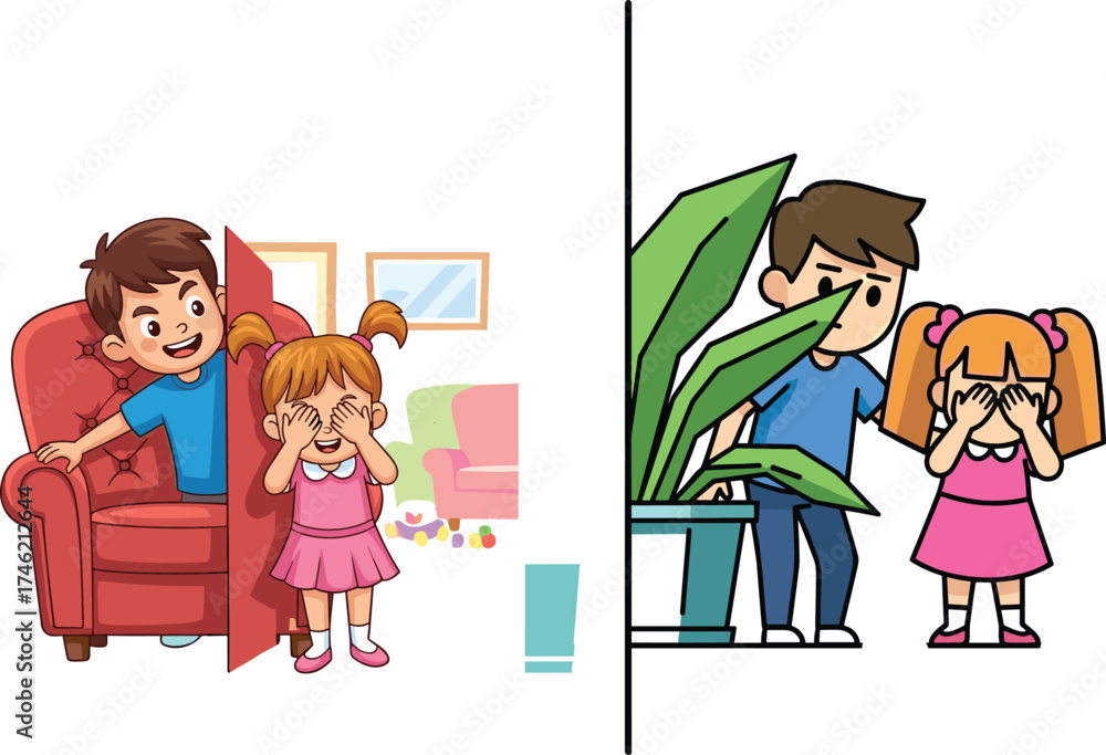 Children playing hide and seek indoors, boy hiding behind chair and ...