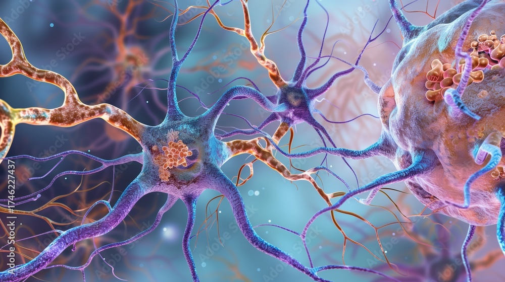 Alzheimer’s Disease. Medical illustration comparing healthy neuron and ...