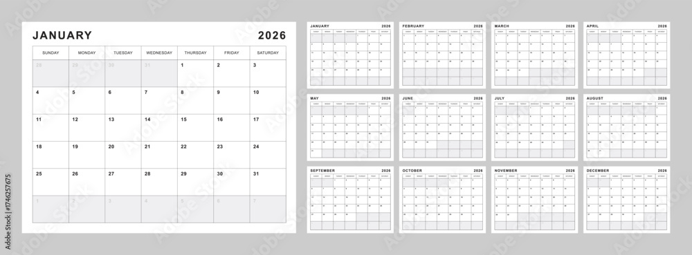Monthly calendar layout for 2026 year. Diary planner for 2026 year ...