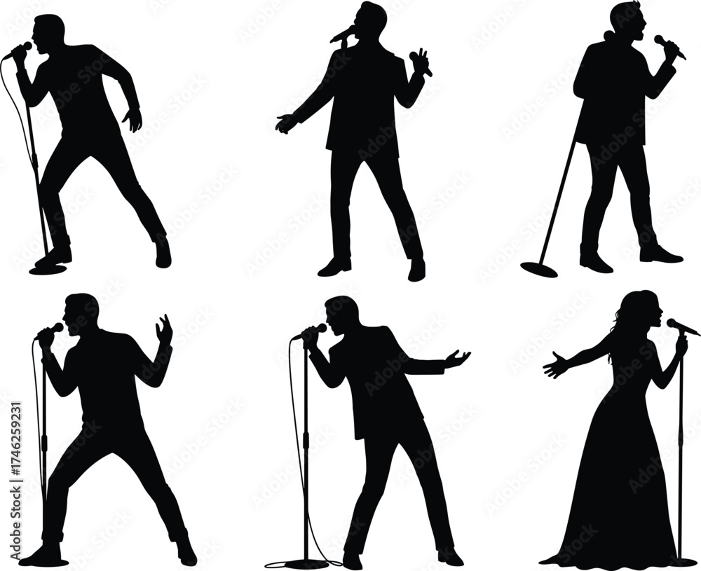 Singer silhouettes, vocal performers on stage, male and female artists ...