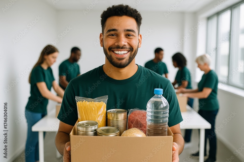 Smiling volunteer holding food donation box with canned goods, pasta ...