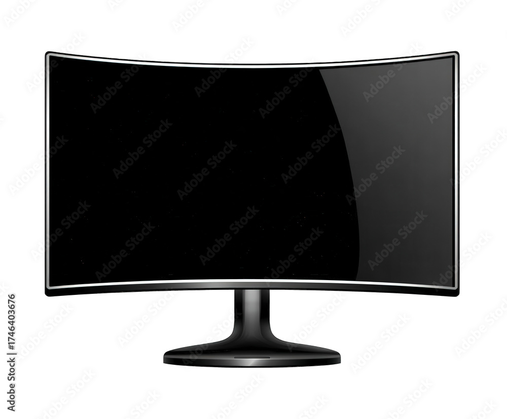 A modern curved computer monitor with a black screen and stand ...