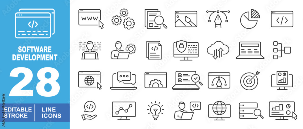 Software Development set of web icons in line style. Containing Globe ...