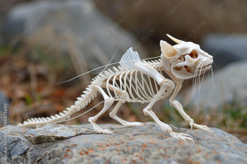 Articulated cat skeleton standing on a rock, showing its bone structure ...