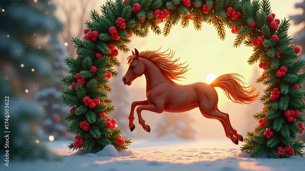 Graceful 3D cartoon horse character leaping through beautiful evergreen ...