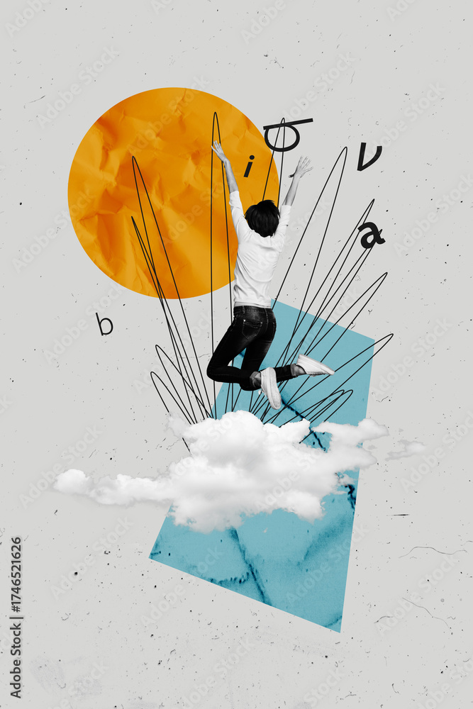 Trend vertical artwork 3d photo collage of anonym girl jump cloud ...